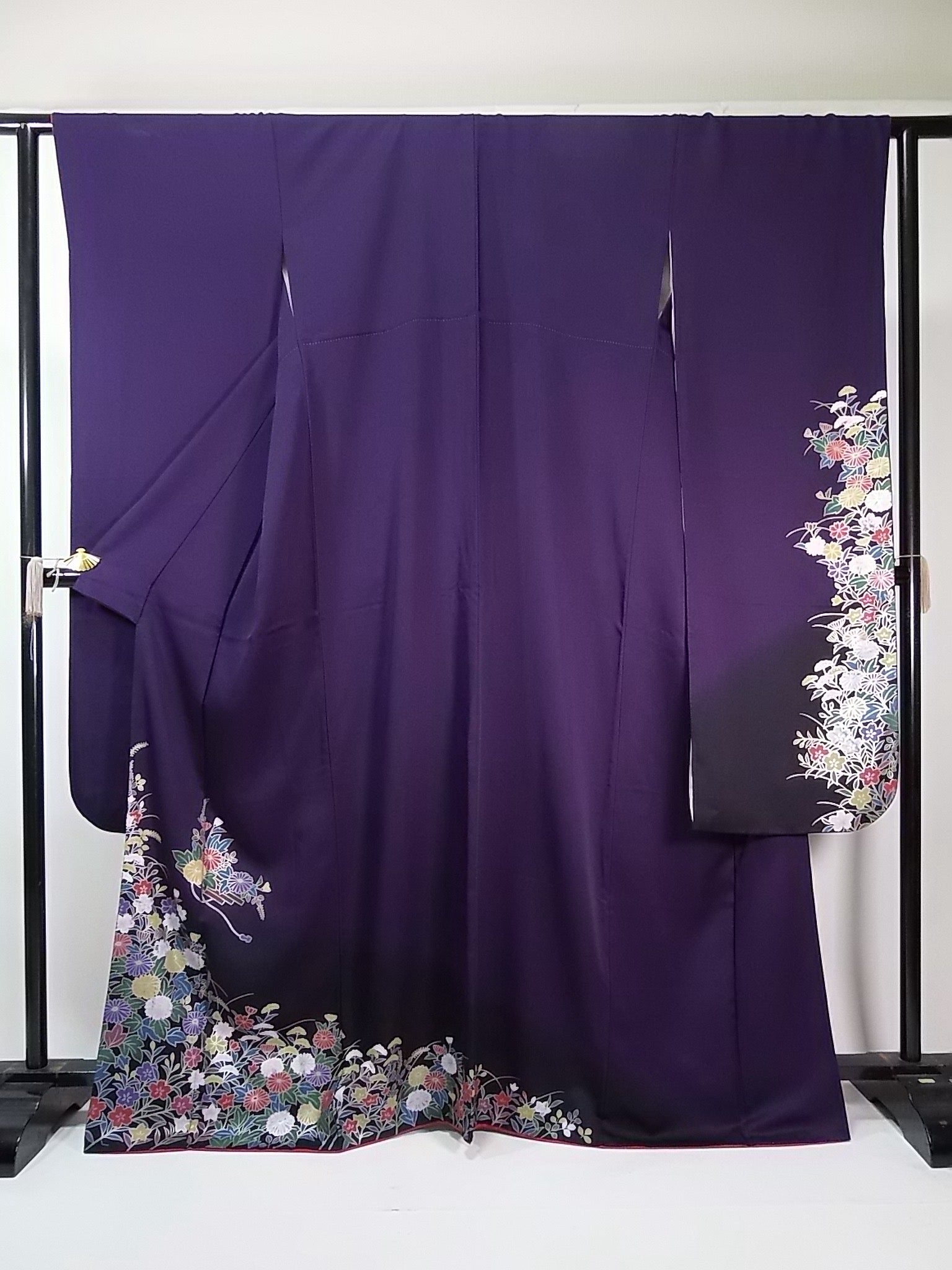 Gorgeous Furisode (long sleeves), flower design, pure silk, purple ...