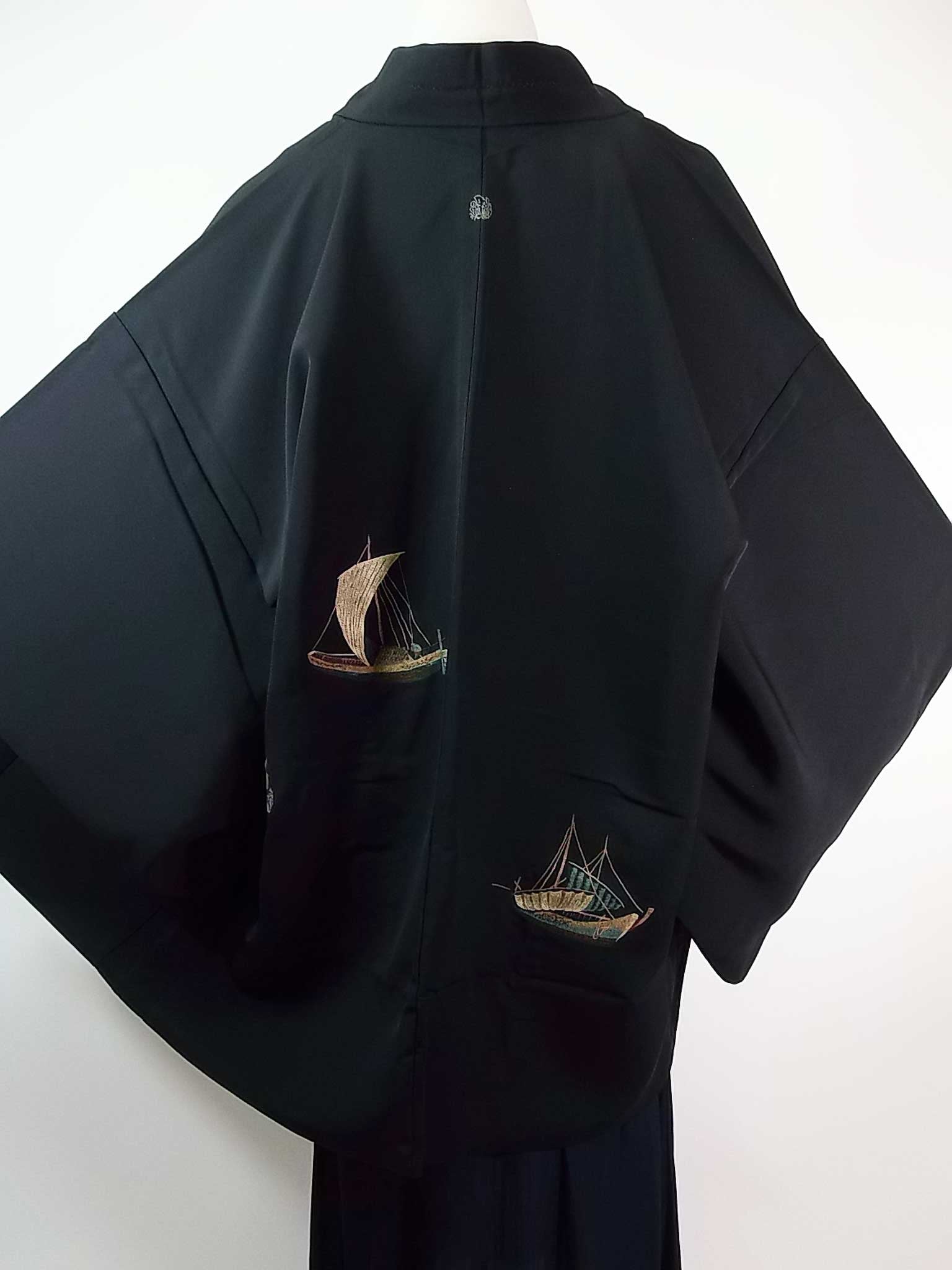 Black haori, ship pattern, Japanese embroidery, silk product with Japa ...